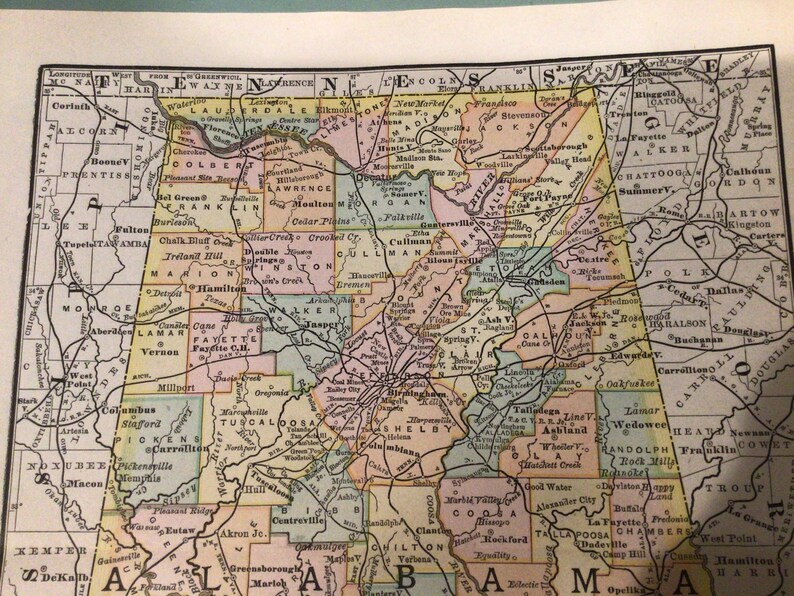 Map of Alabama 9 X 11 Tinted by Hand Circa 1890 From an Old - Etsy