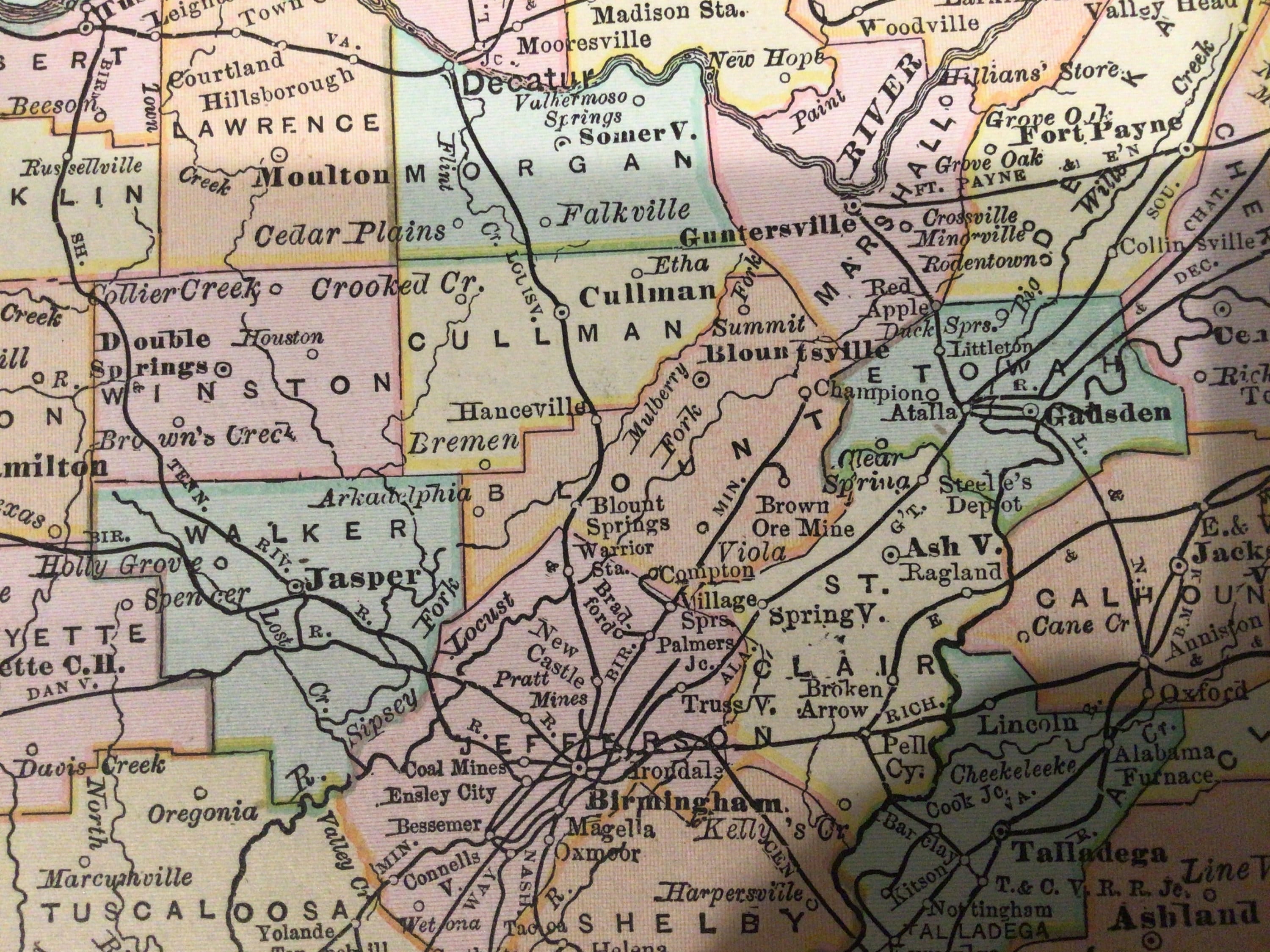 Map of Alabama 9 X 11“ Tinted by Hand, Circa 1890 From an Old Atlas by ...