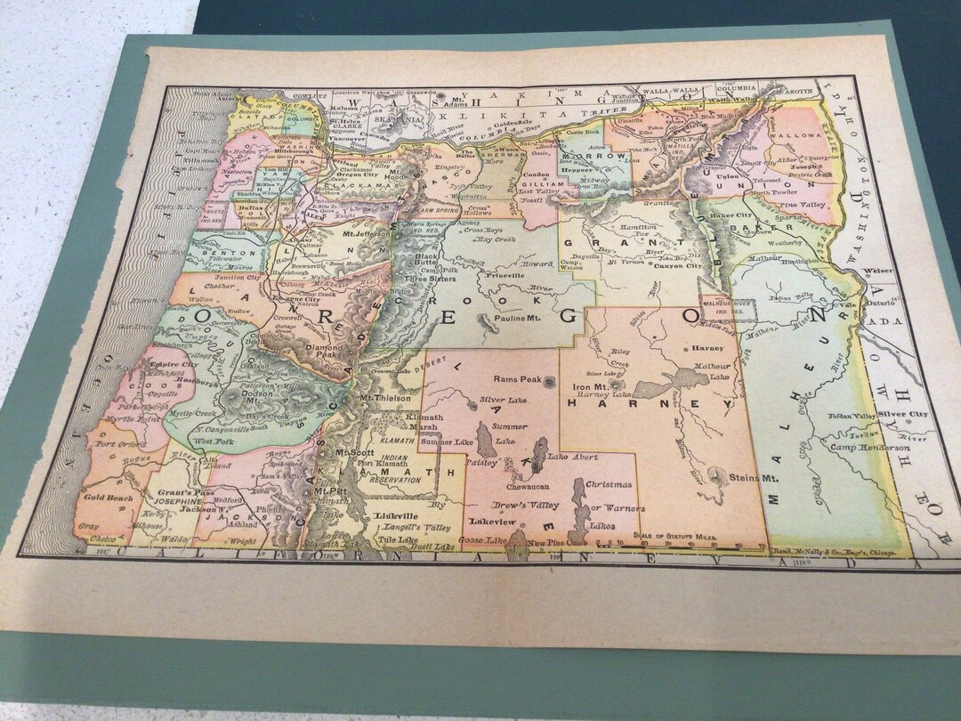 Map of Oregon 9 X 11“ Circa 1890 Hand Tinted From an Old Rand Mcnally ...