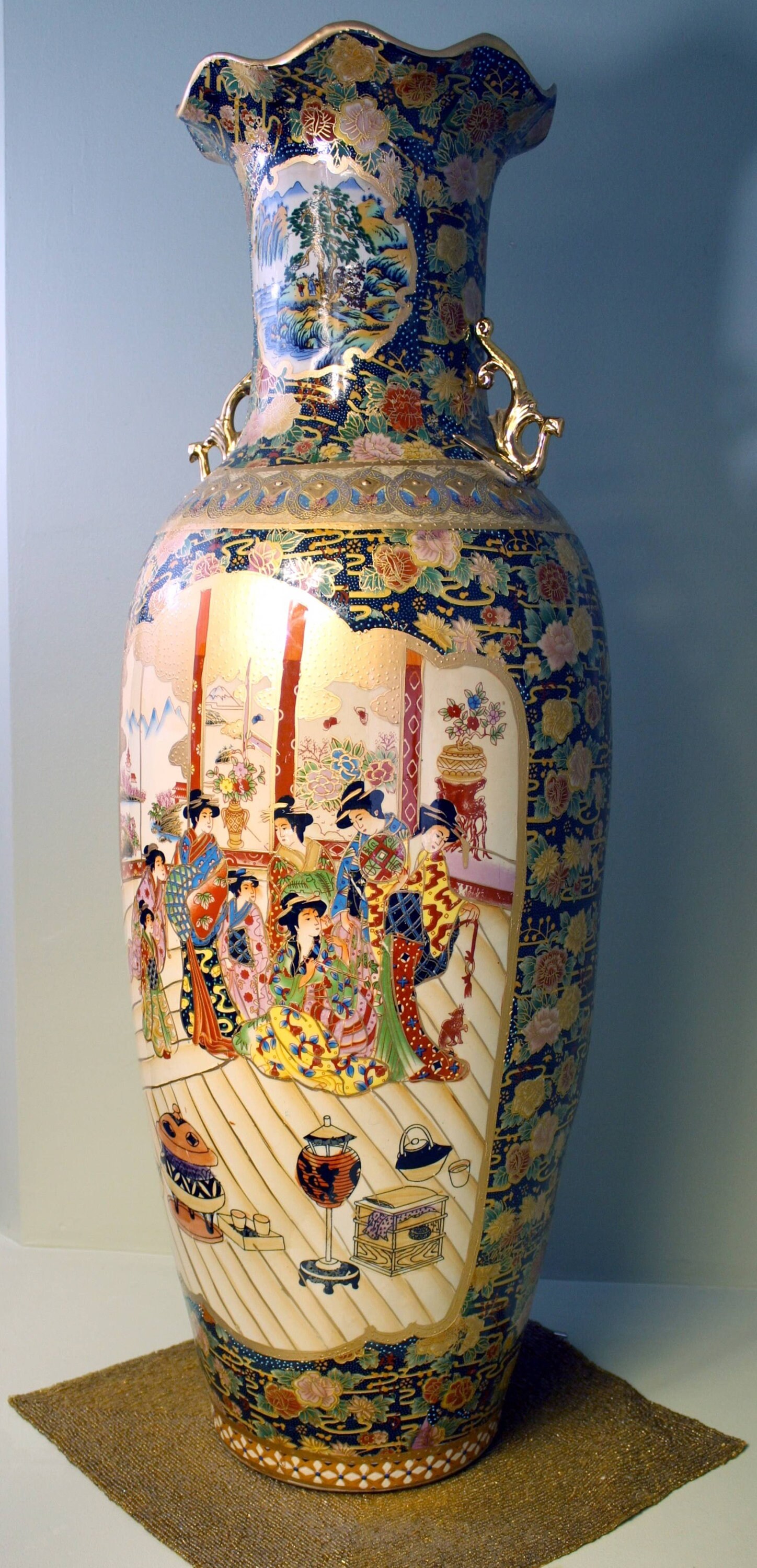 Japanese Satsuma Vase 37", Geisha Scene, Moriage Style, Heavy Gold Gilt ...