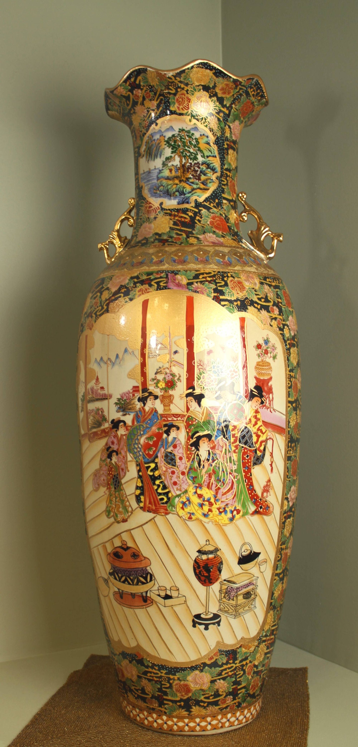 Japanese Satsuma Vase 37", Geisha Scene, Moriage Style, Heavy Gold Gilt ...