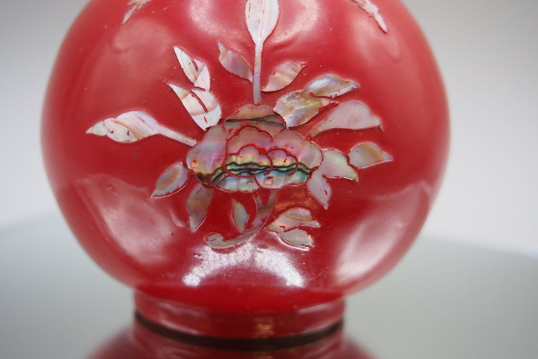 Vintage Chinese Red Enamel and Brass Bottle Vaseinlay Mother of Pearl ...