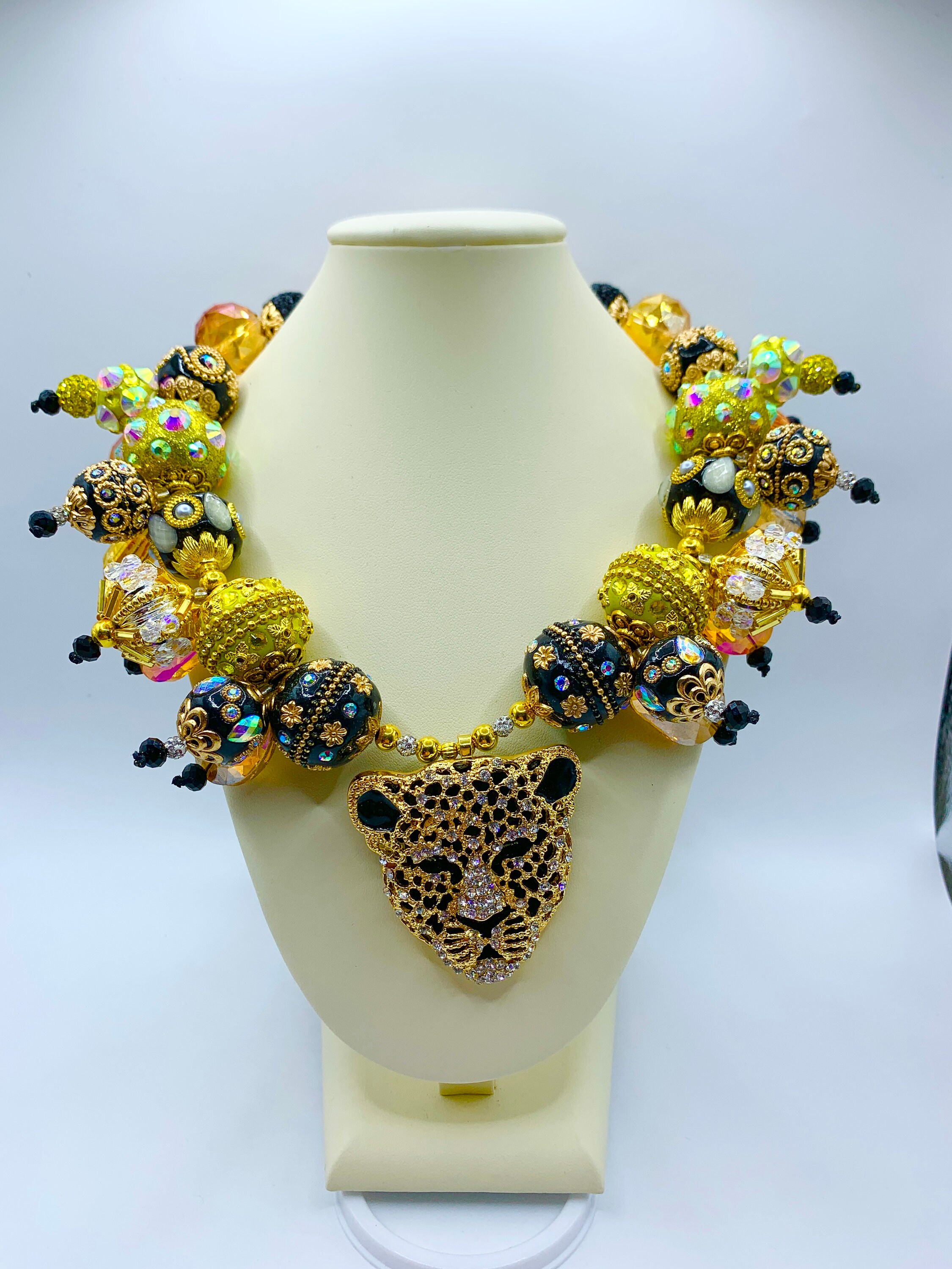 Leopard Pendant Necklace, Maximalist Beaded Jewelry, Chunky Leopard ...