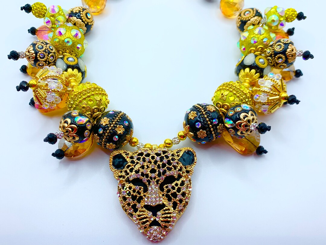 Leopard Pendant Necklace, Maximalist Beaded Jewelry, Chunky Leopard ...