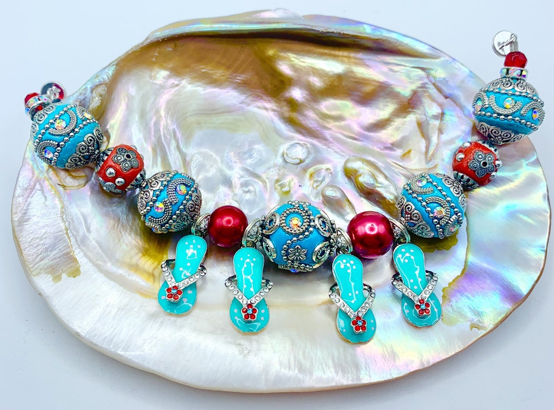Flip Flop Charm Bracelet, Blue Beaded Bracelet With Flip Flops, Beach ...