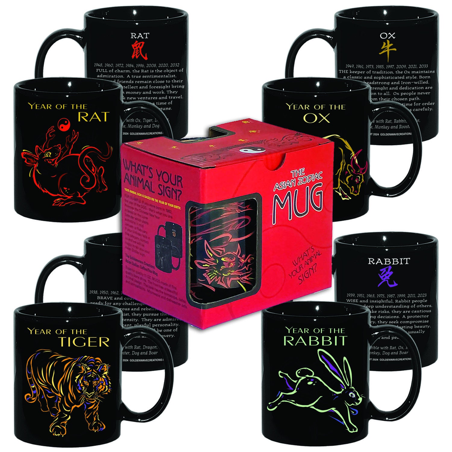 Complete Set of 12 Asian Oriental Chinese Coffee/tea Mug, Black Neon ...