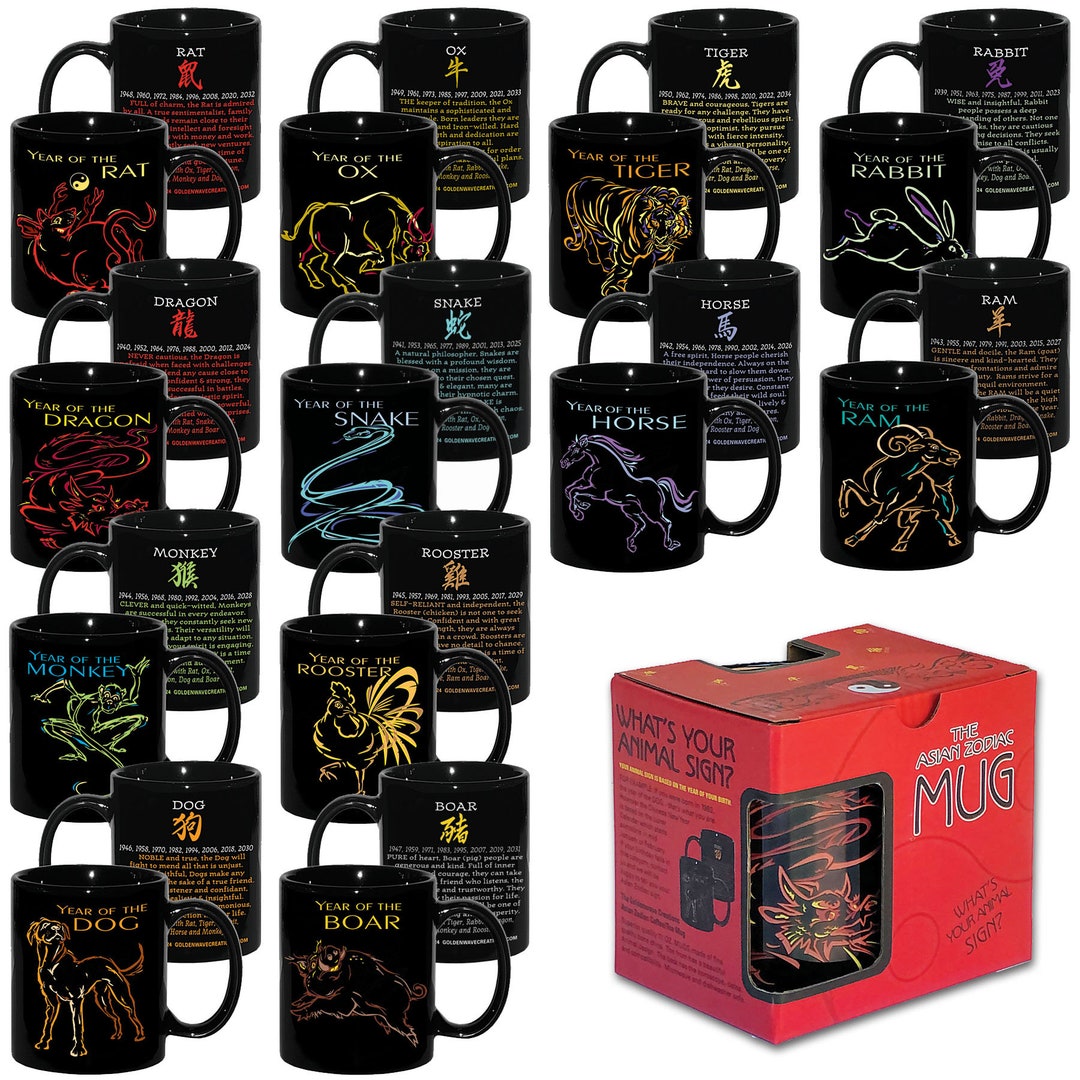 Chinese Zodiac Animal Mug, Black Neon All 12 Animal Designs, Lunar New ...