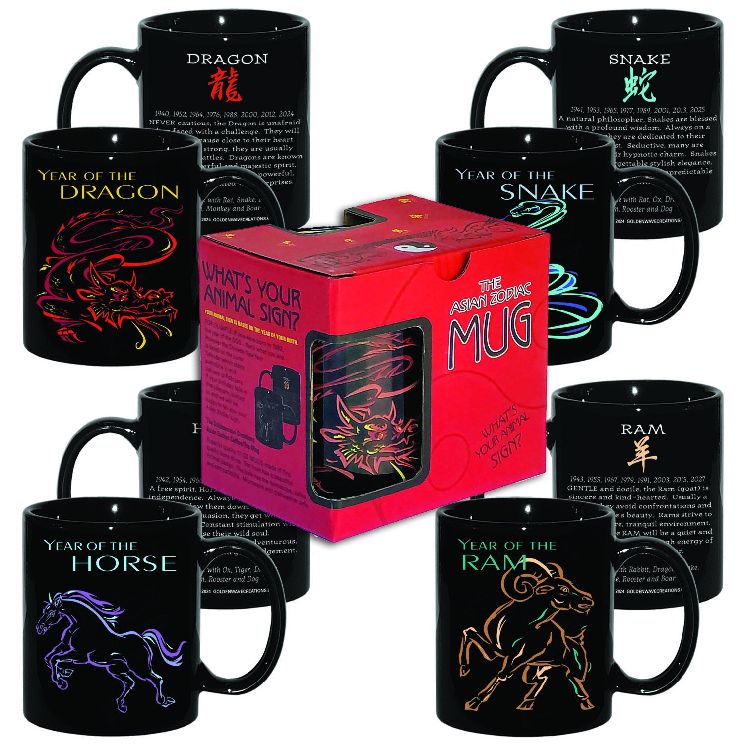Complete Set of 12 Asian Oriental Chinese Coffee/tea Mug, Black Neon ...