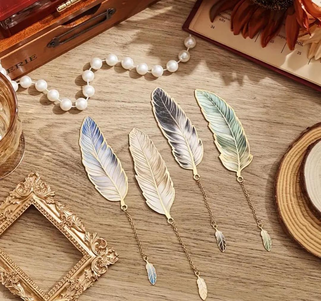 Metal Feather Bookmark With Chain & Pendant | 4 Colors Available | Gold ...