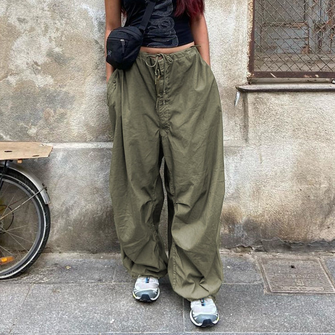Y2k Baggy Cargo Trousers Khaki White Parachute Pants Etsy Uk
