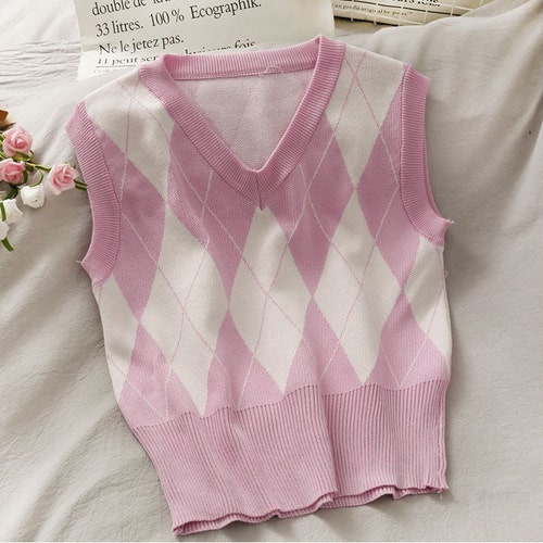 Preppy Vintage Argyle Plaid Knit Sweaters Vest V Neck Etsy