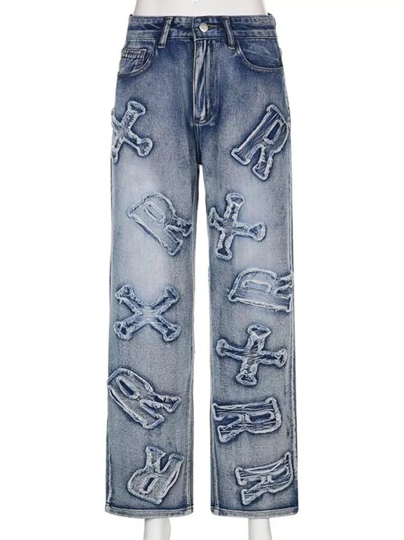 Letter Patch High Waist Baggy Jeans Y2k Streetwear Denim Pants Etsy Uk