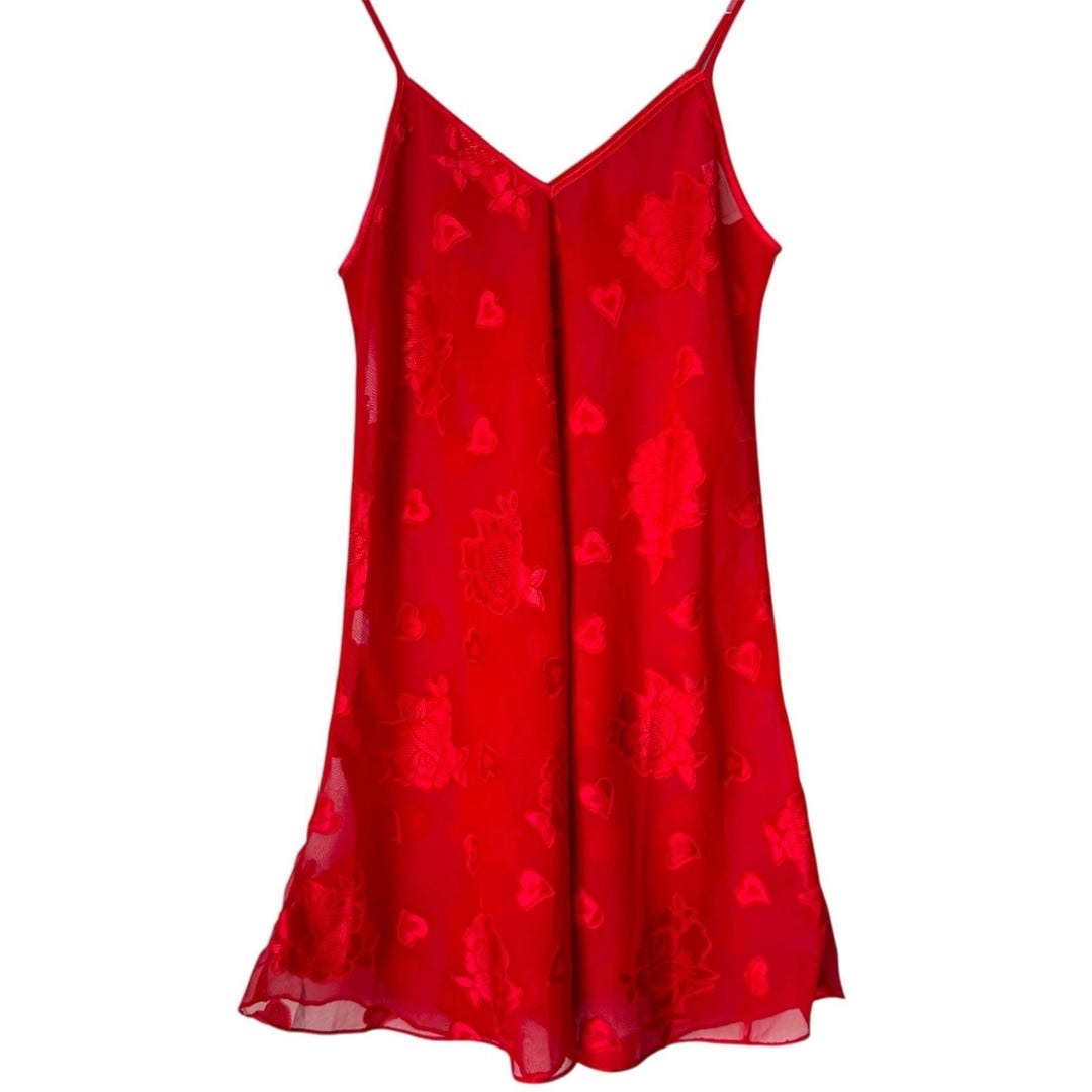 Vintage LA Intimates Sheer Floral Rose Red Slip Dress Mini Satin ...