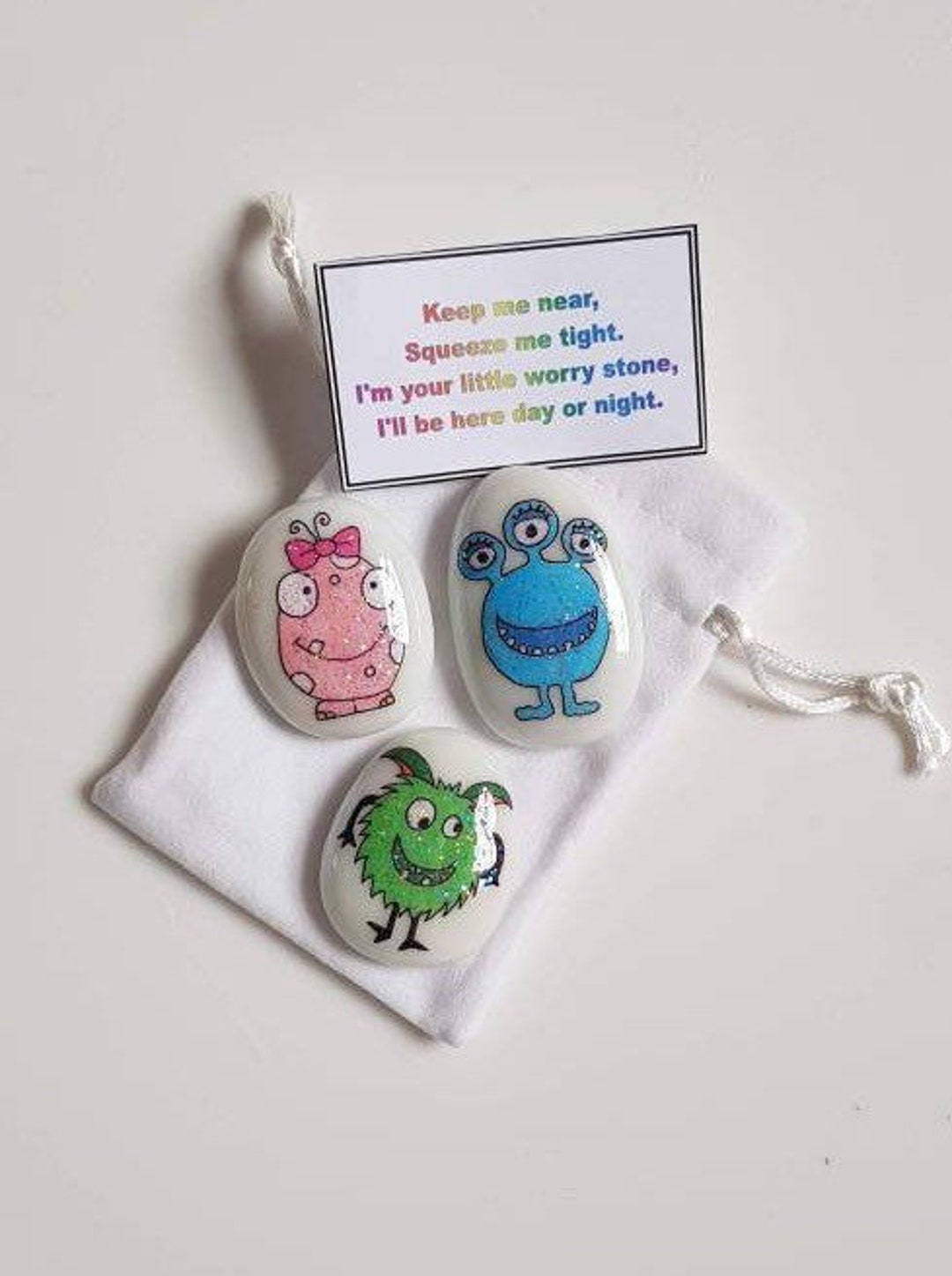 3, Worry Monster, Stones, Childrens Anxiety Aid, Stress Relief, Sensory ...