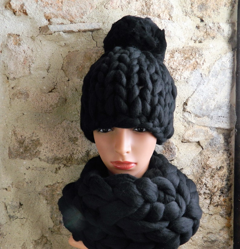 Oversize Knit Scarf Hat Set Tick Wool Pompom Hat Chunky Merino Snood ...