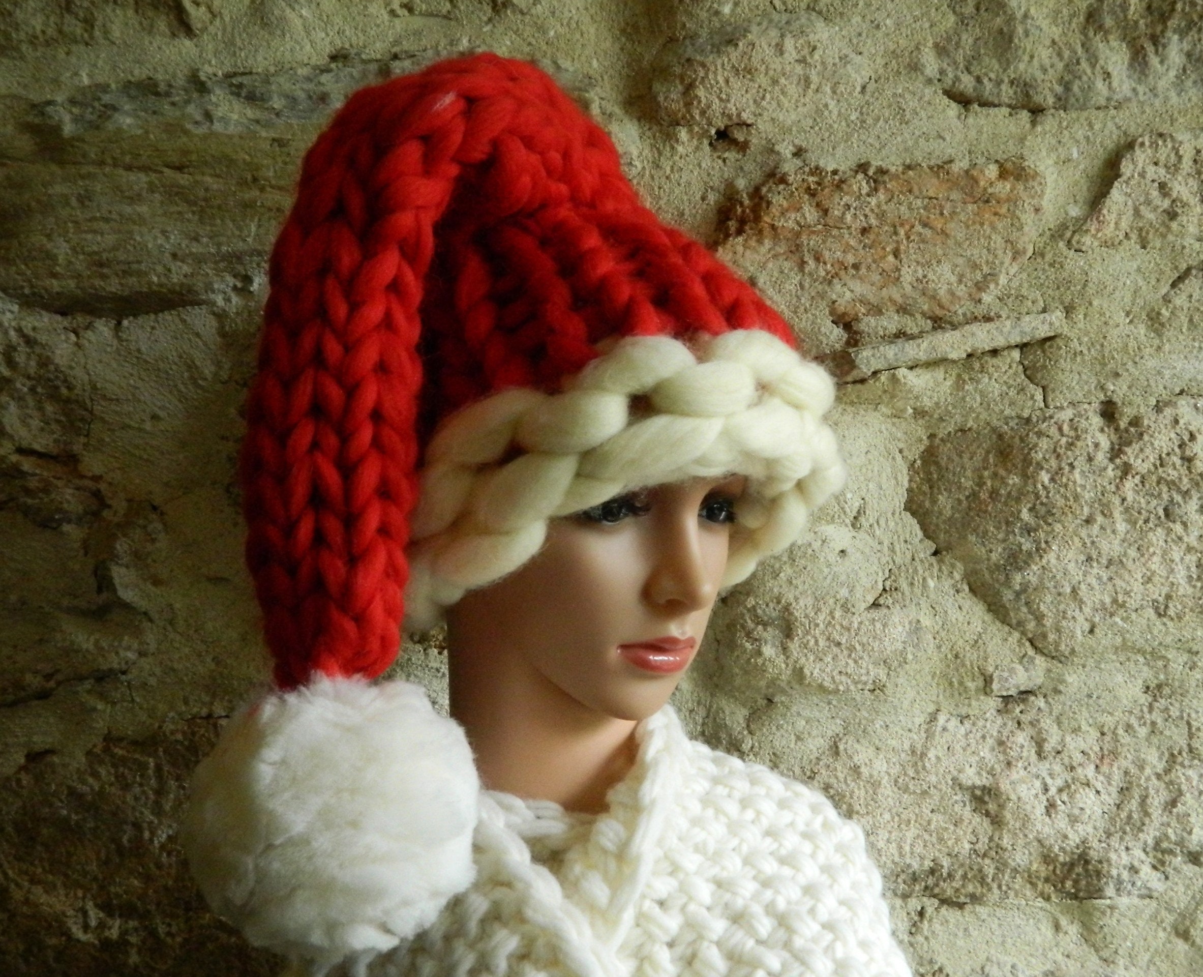 Knitted Santa Hat, Hand Knitted Chunky Christmas Hat, Unique Womens ...