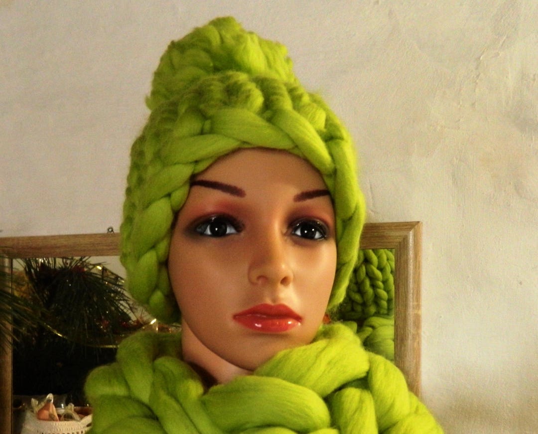 Green Chunky Wool Hat. Merino Hand Knit Hat. Winter Womens Hat. Thick ...