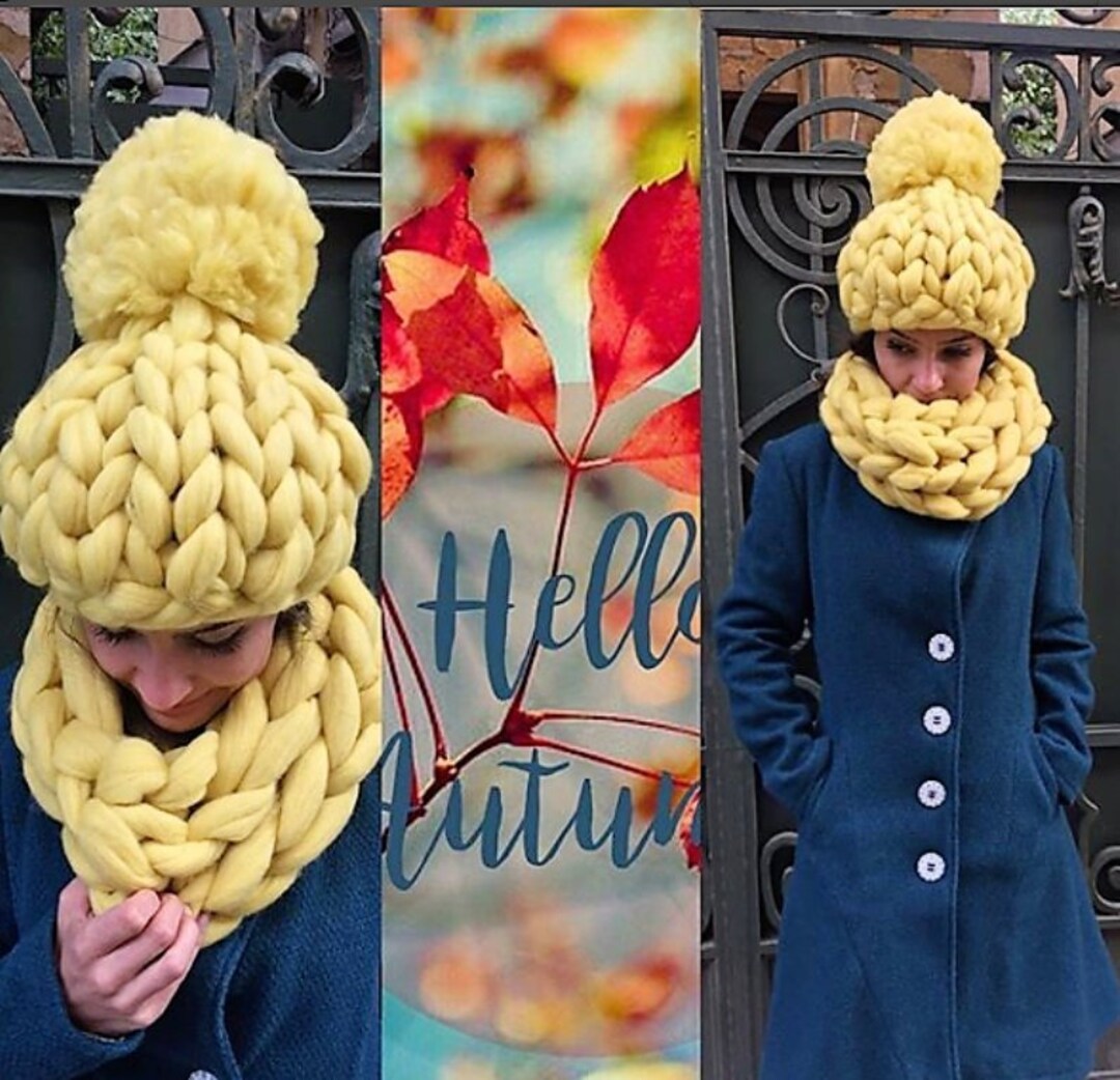 Oversize Knit Scarf Hat Set Tick Wool Pompom Hat Chunky Merino Snood ...