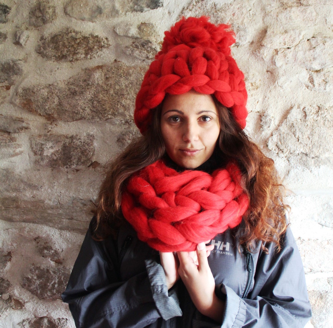 Oversize Knit Scarf Hat Set. Red Tick Wool Hat. Chunky Merino Red Scarf ...