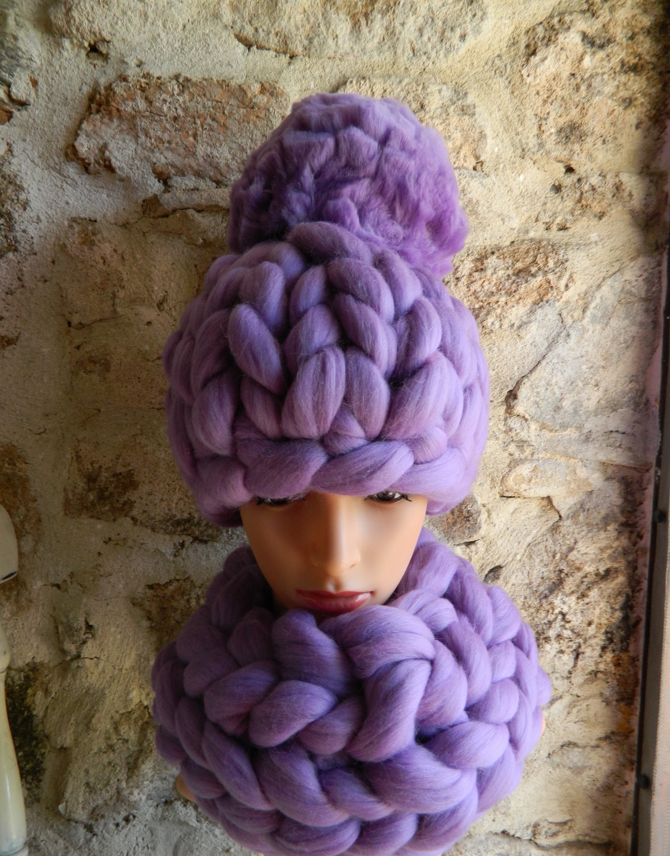 Oversize Knit Scarf Hat Set Tick Wool Pompom Hat Chunky Merino Snood ...