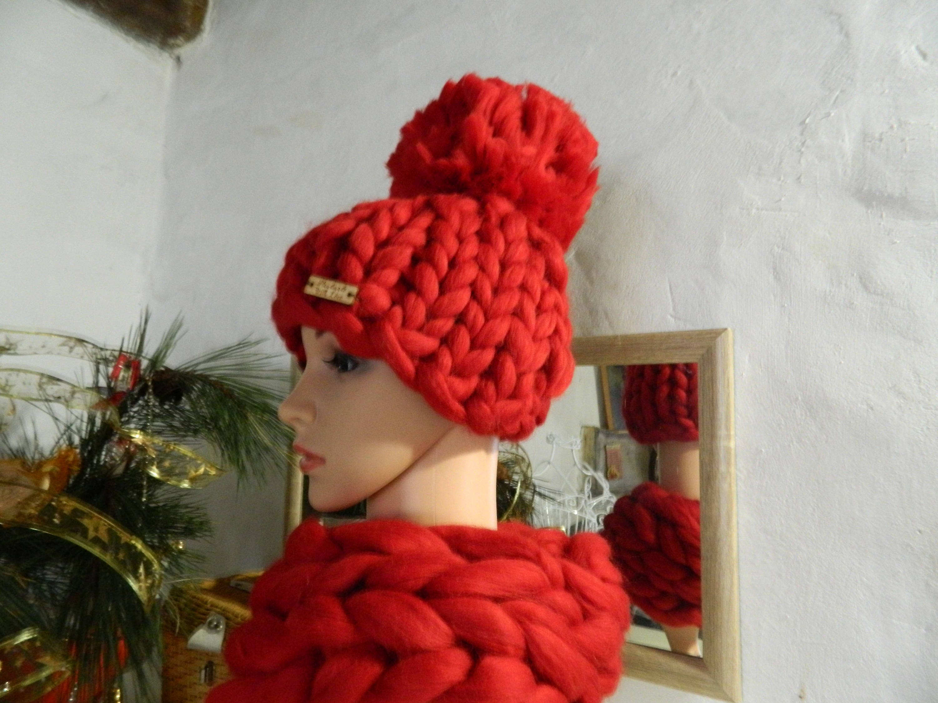 Oversize Knit Scarf Hat Set. Red Tick Wool Hat. Chunky Merino Red Scarf ...