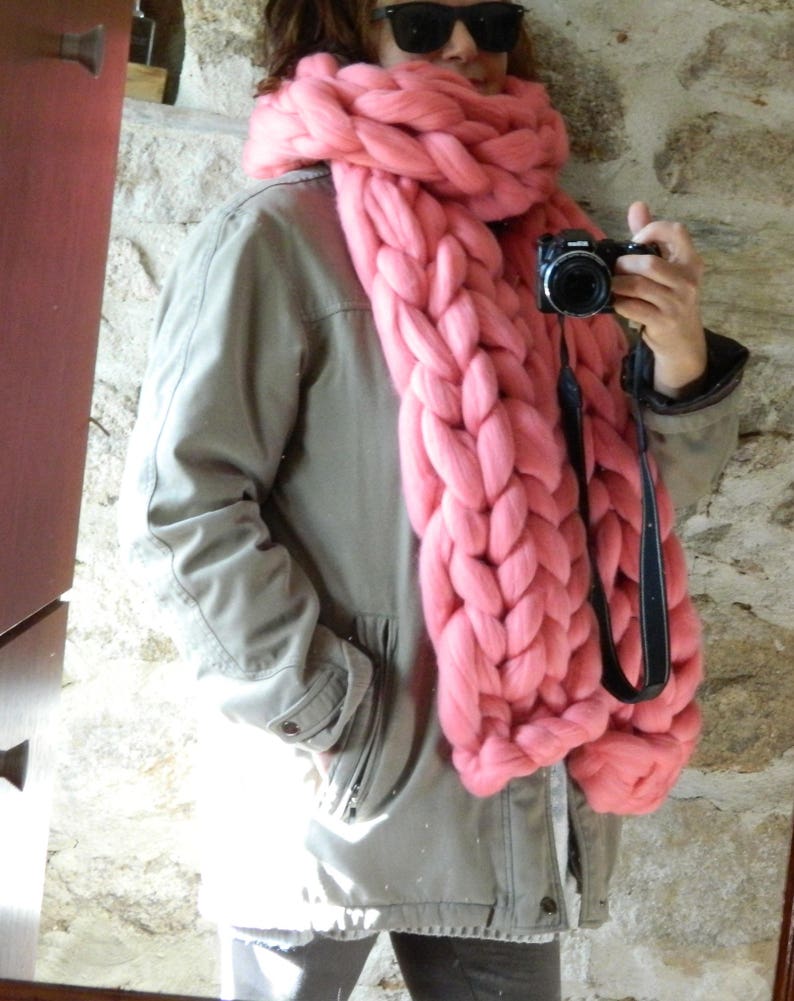 Oversize Knit Scarf. Chunky Knit Scarf. Pink Bulky Scarf. Arm Knitted ...