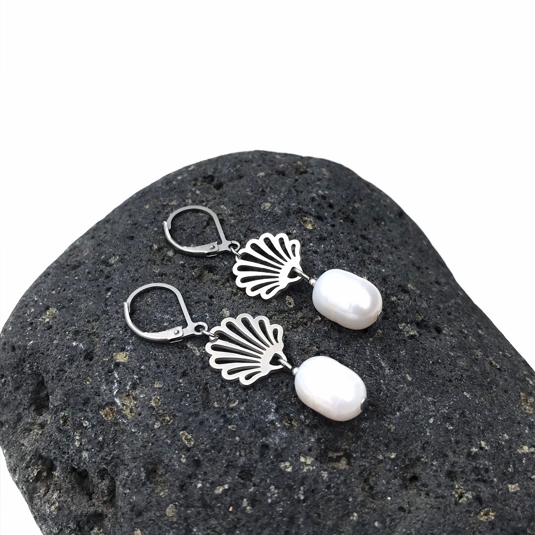 Drop Earrings With Pearl and Shell, Stainless Elegant Earrings With ...