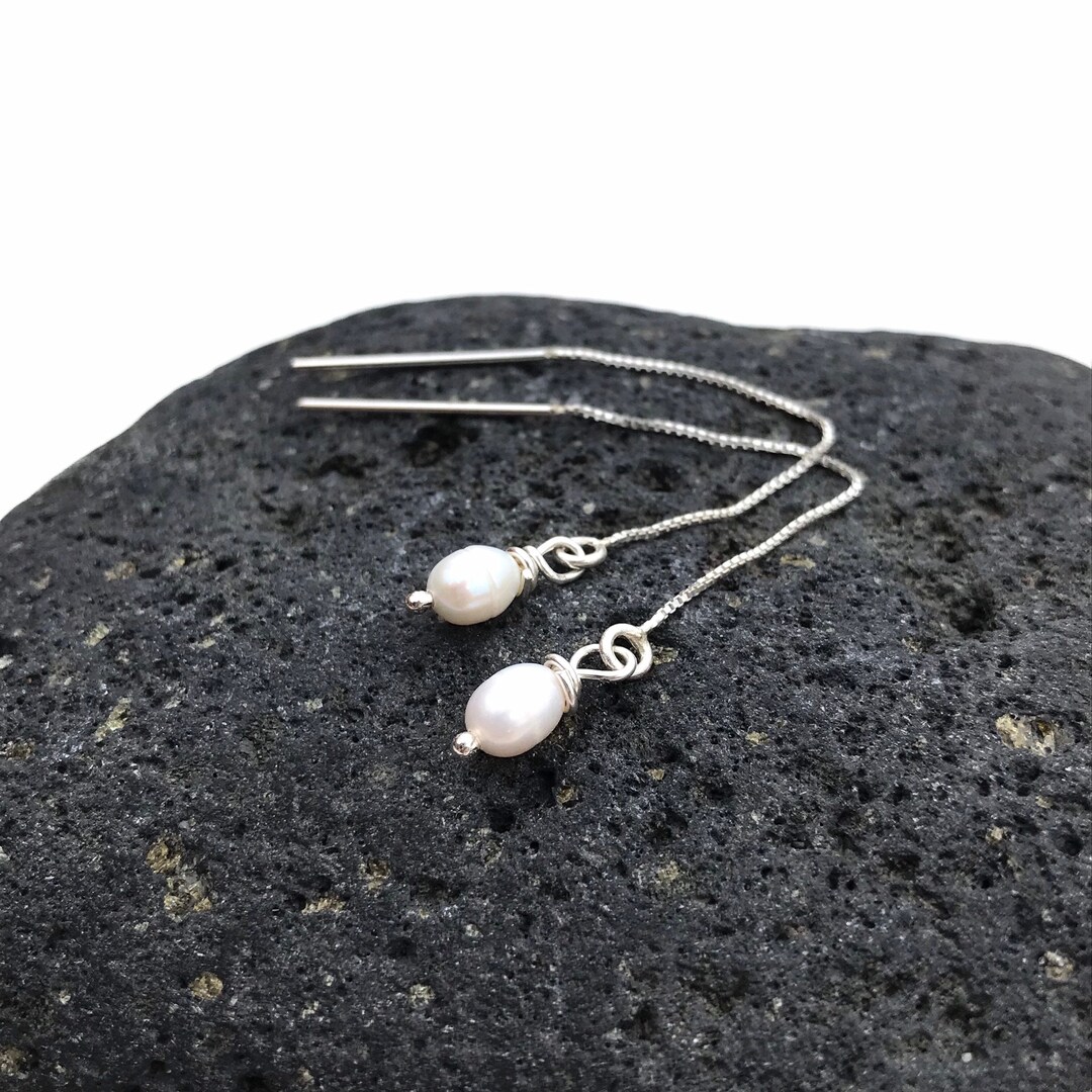 Silver Thread Earrings With Pearls, Delicate Pearl Earrings, Dainty ...
