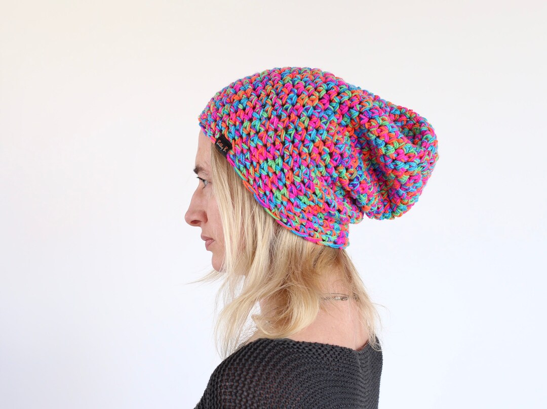 Thin Crochet Beanie, Colorful Airy Slouchy Hat, Handmade Vegan Hat for ...