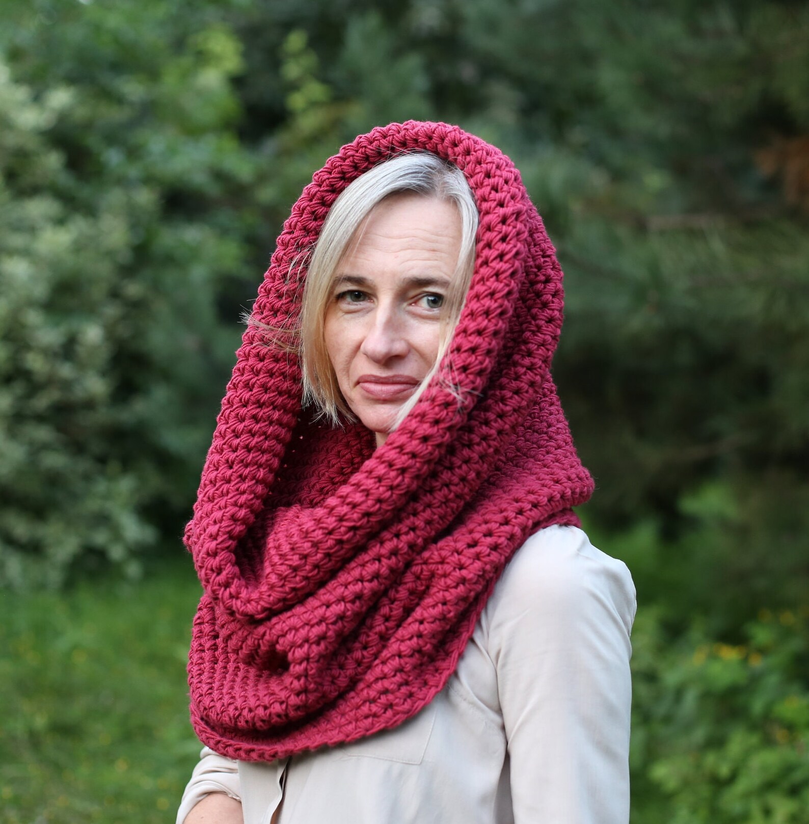 Oversize merino wool cowl handmade wrap faded red XXL one - Etsy Polska