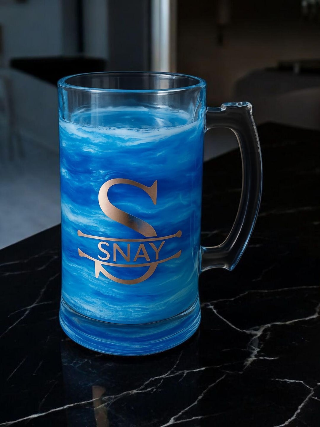 Custom Epoxy Beer Mug – Ocean Blue Swirl With Personalized Name or Logo ...
