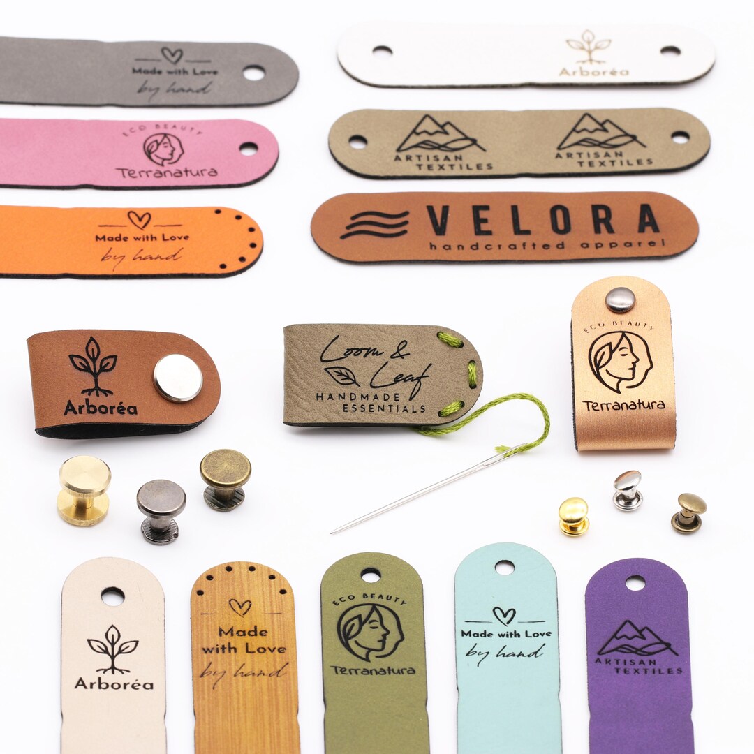 Custom Faux Leather Labels – Personalized Tags With Text, Logo, Icon – Sewing Holes, Snap Rivets ...