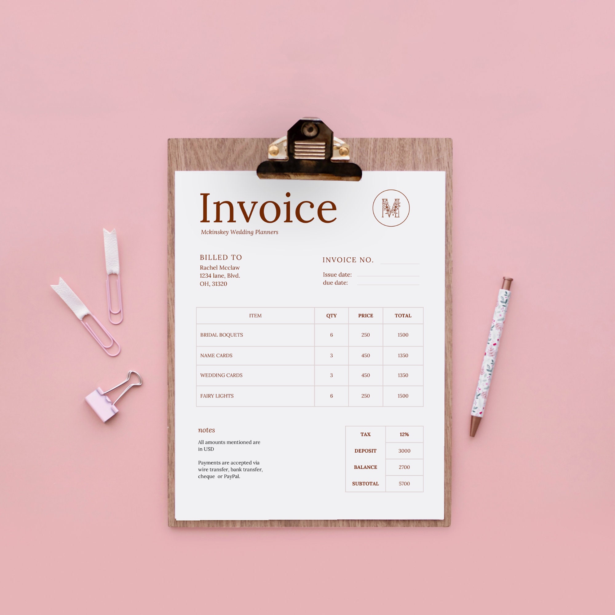 Invoice Template for Wedding Planners Event Planners Editable Invoice ...
