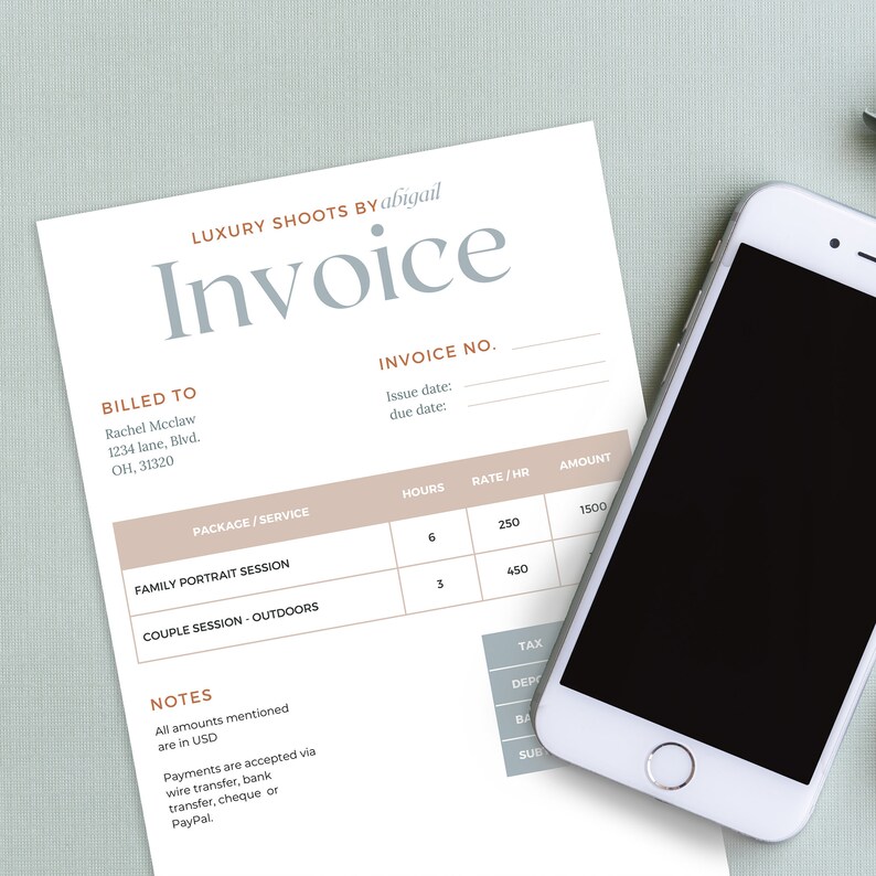 Invoice Template for Photography Minimalist Editable Canva Template for ...