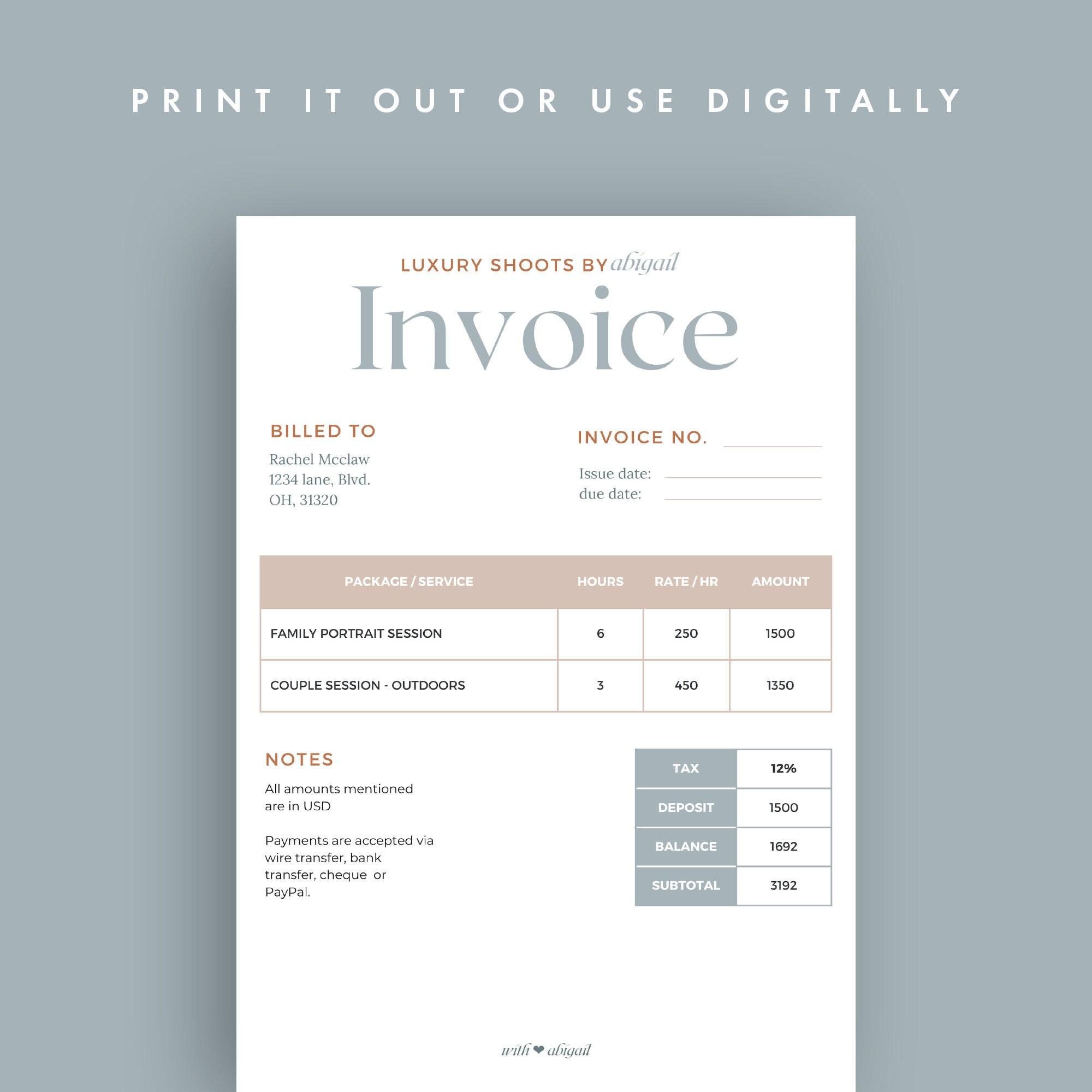 Invoice Template for Photography Minimalist Editable Canva Template for ...