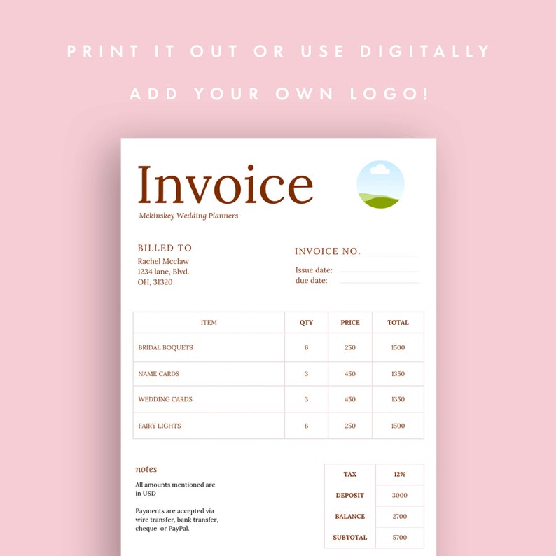Invoice Template for Wedding Planners Event Planners Editable Invoice ...