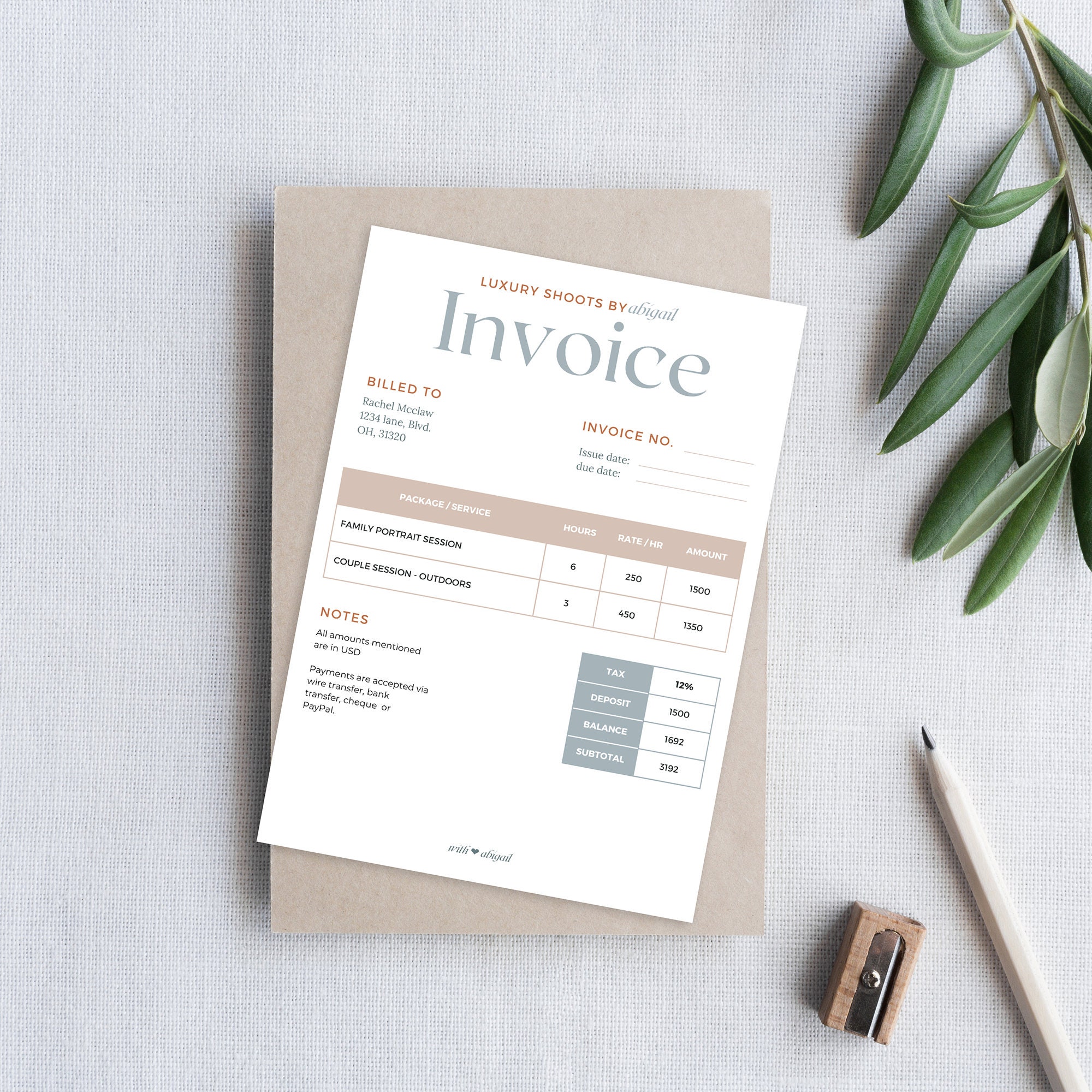 Invoice Template for Photography Minimalist Editable Canva Template for ...