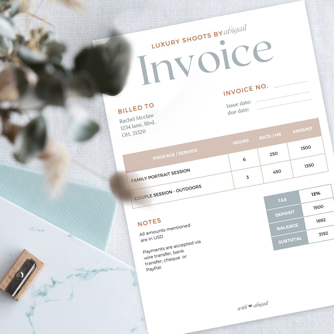 Invoice Template for Photography Minimalist Editable Canva Template for ...