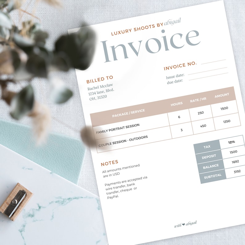 Invoice Template for Photography Minimalist Editable Canva Template for ...