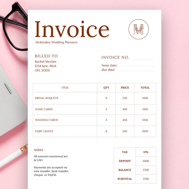 Invoice Template for Wedding Planners Event Planners Editable Invoice ...