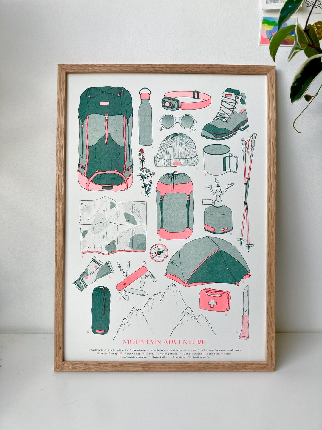 Mountain Adventure Illustration Poster Printed in Two-color Risography ...