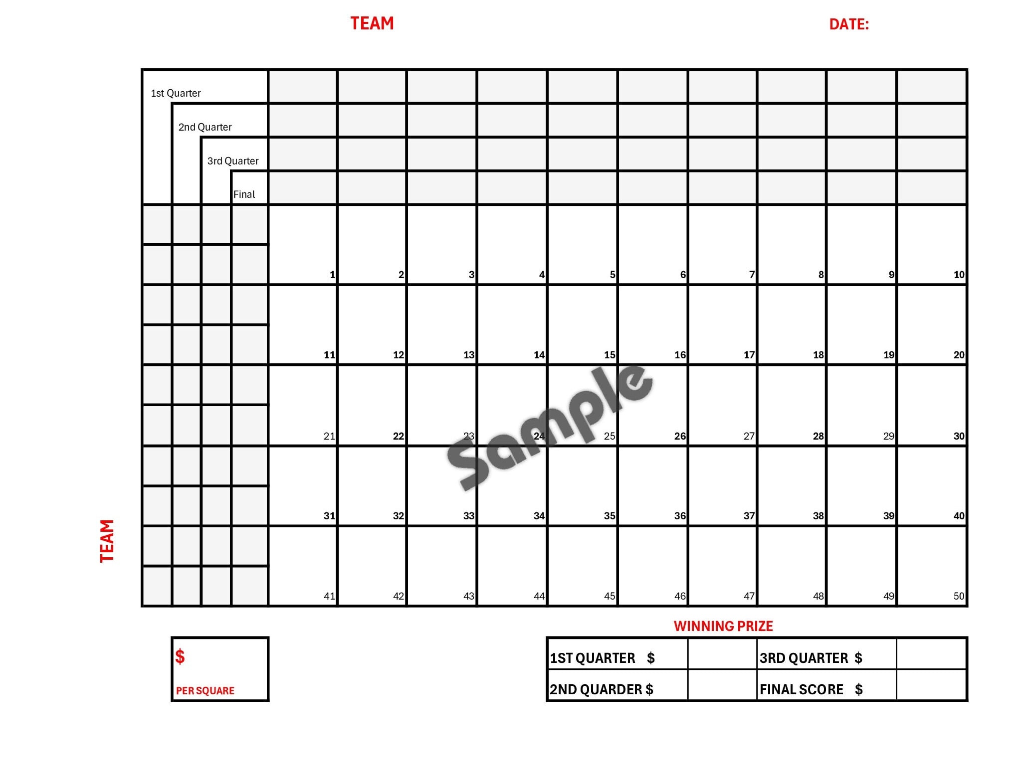 Football Pool, 50 Squares Digital Prints, Instant Download - Etsy