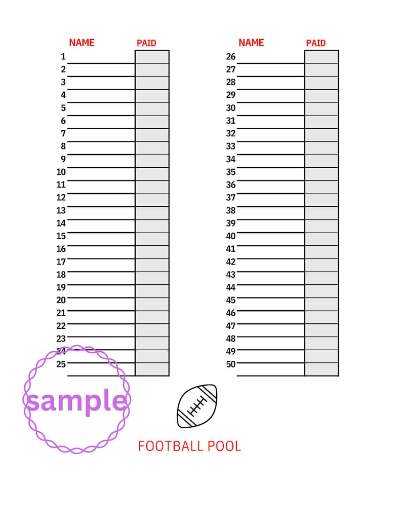 Football Pool, 50 Squares Digital Prints, Instant Download - Etsy