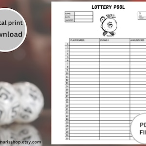 Digital Printable Lottery Pool, PDF FILE, Instant Download - Etsy