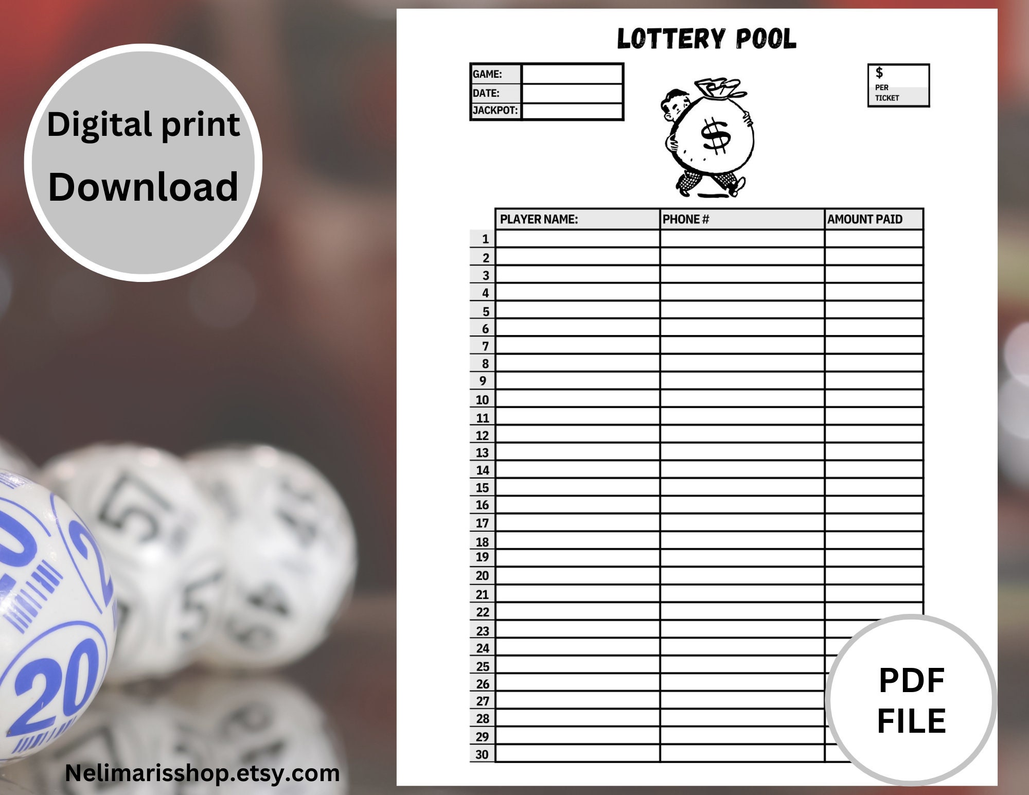 Digital Printable Lottery Pool, PDF FILE, Instant Download - Etsy