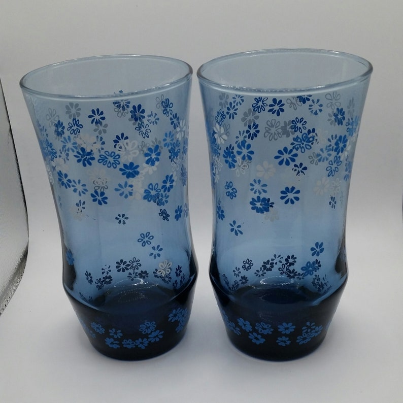Vintage Libbey Blue Strawflowers Drinking Glass Set Blue And Etsy