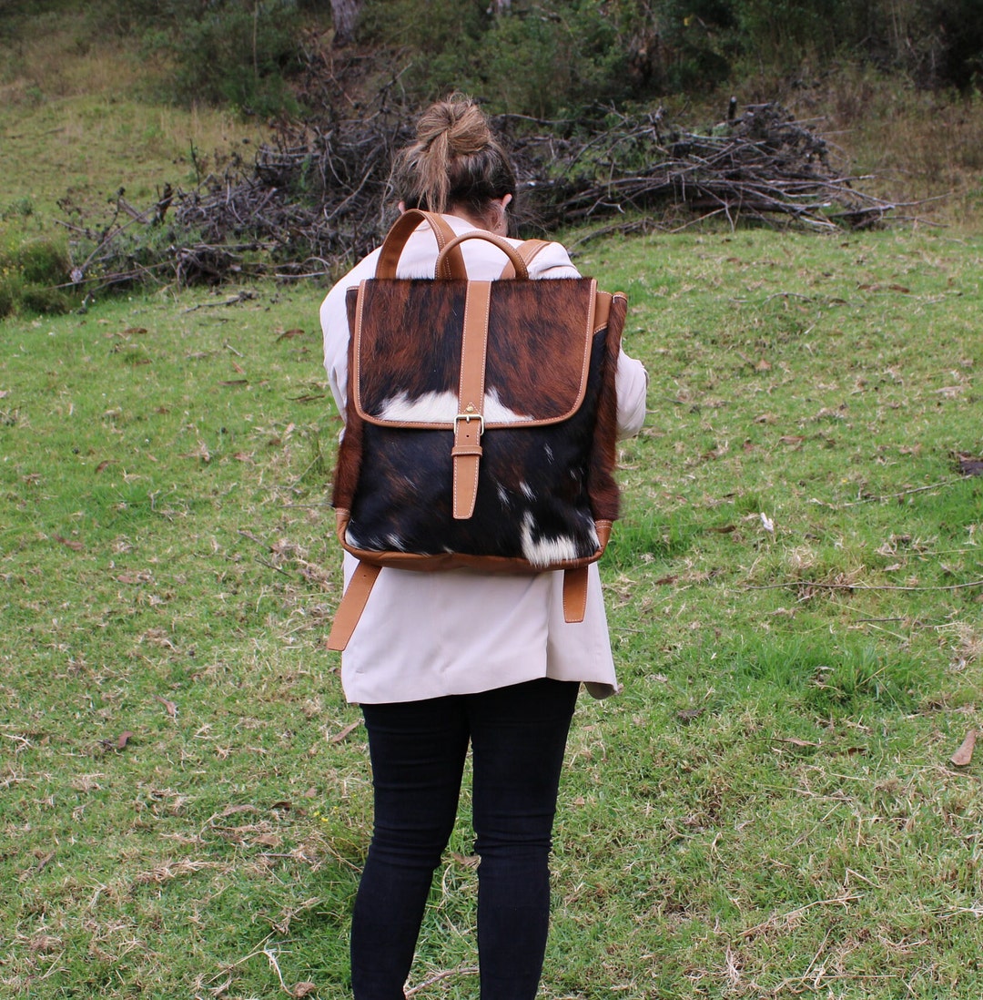 Cowhide Backpack | Large Tricolor Cowhide & Leather Backpack | 16" Wide ...