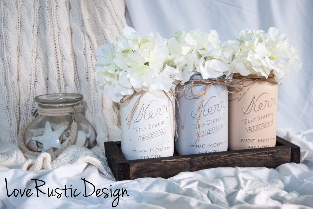Neutral Toned Mason Jar Centerpiece Tray, Mason Jar Decor, Rustic Home ...