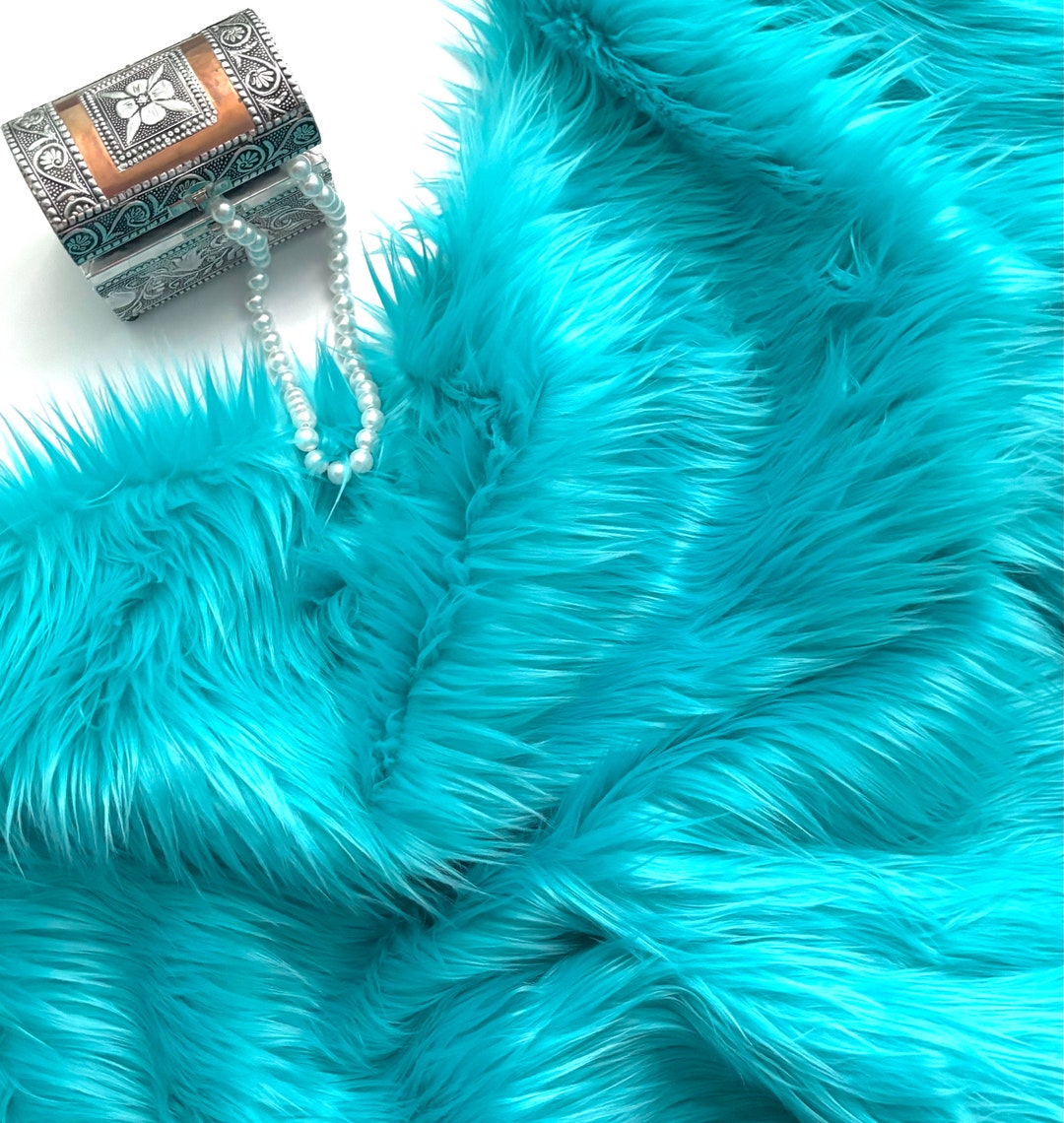 Bianna TEAL BLUE TURQUOISE Mohair Long Pile Faux Fur Fabric, Solid ...