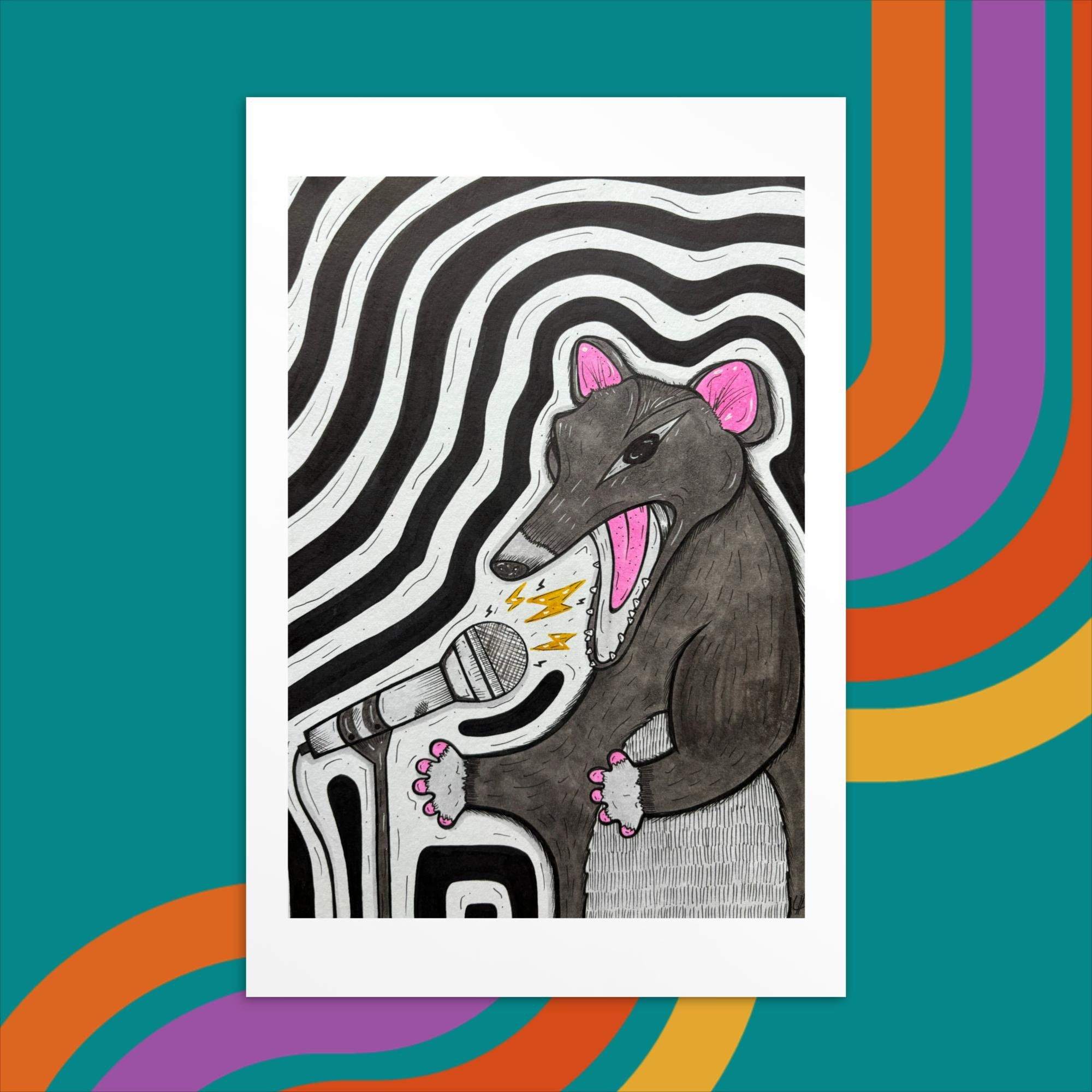 Screaming Possum Art Print, Punk Rock Singer Artwork, Animal Musician ...